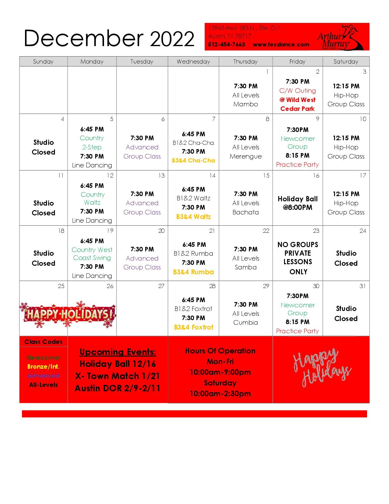 Calendar | Dance Lessons For Adults | Arthur Murray Dance Studio in Austin